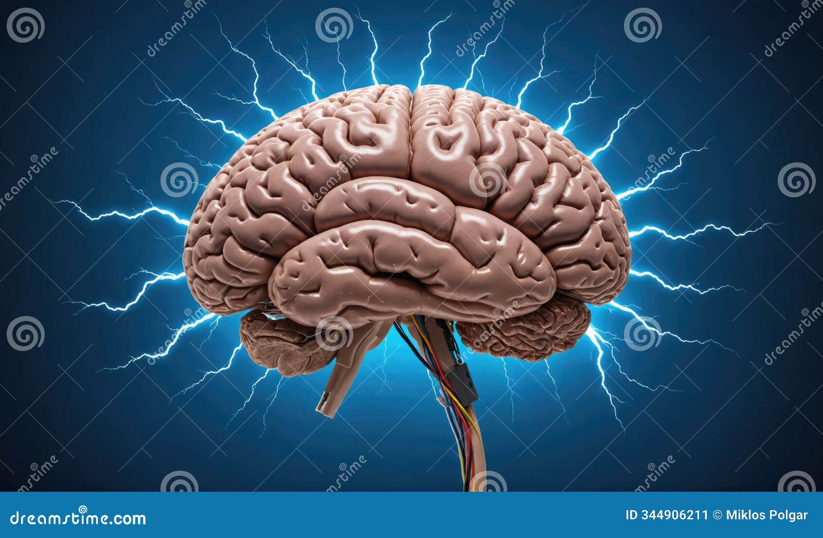 A 3D Model of a Human Brain with Bright Blue Lightning Bolts Emanating ...