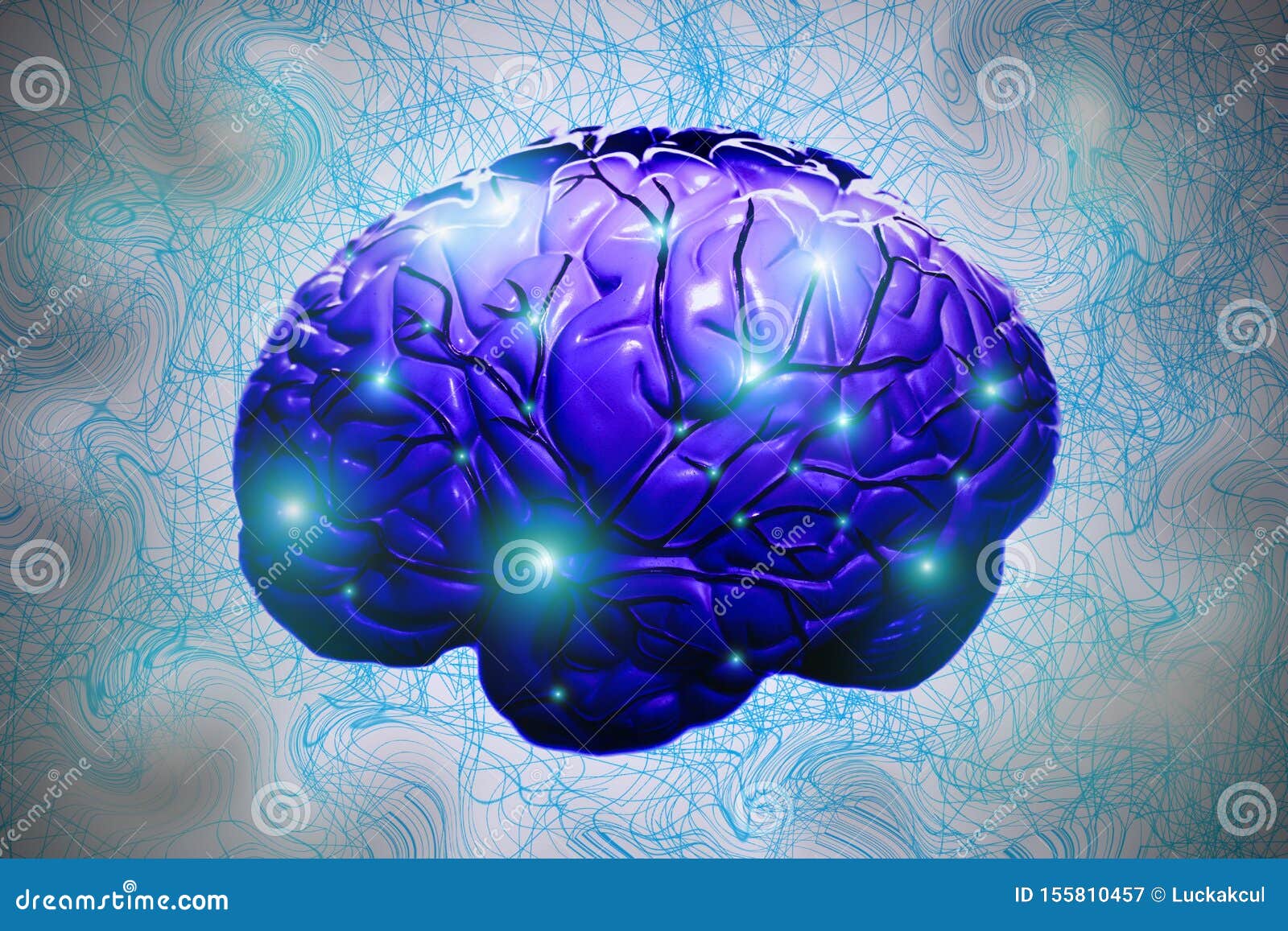 Brain in Blue Tones with Glowing Neurons in a Tangle of Blue Lines ...