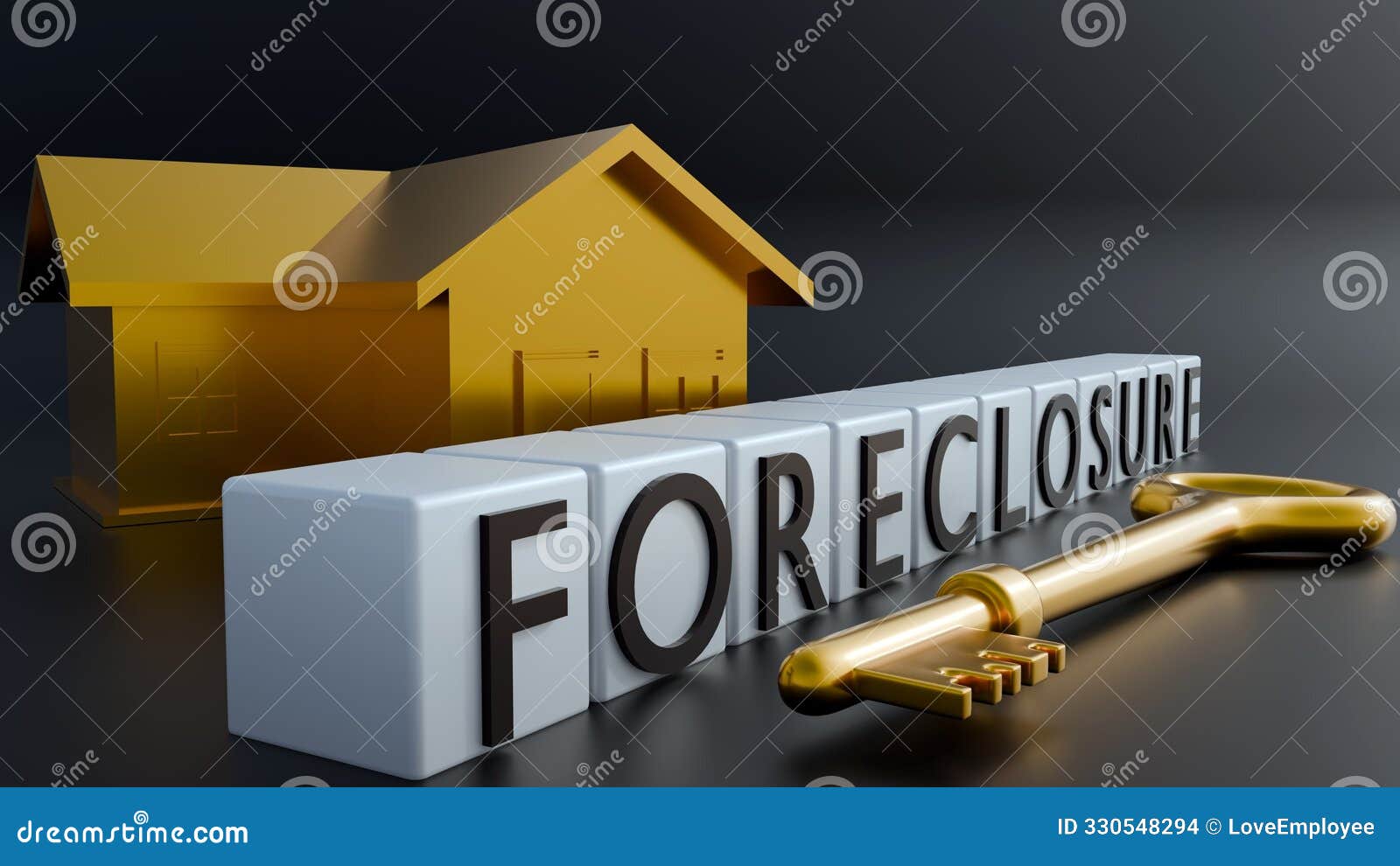 A 3D Rendering of the Word FORECLOSURE on Cube Shapes, Golden House and ...
