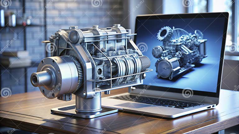 3d Model of Internal Combustion Engine Displayed on Laptop Next To ...