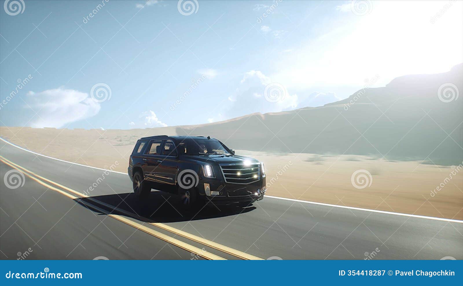 3d Model Luxury Black Car on Desert Highway. Very Fast Driving. 3d ...