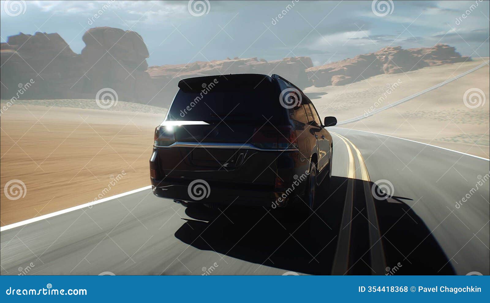 3d Model Luxury Black Car on Desert Highway. Very Fast Driving. 3d ...