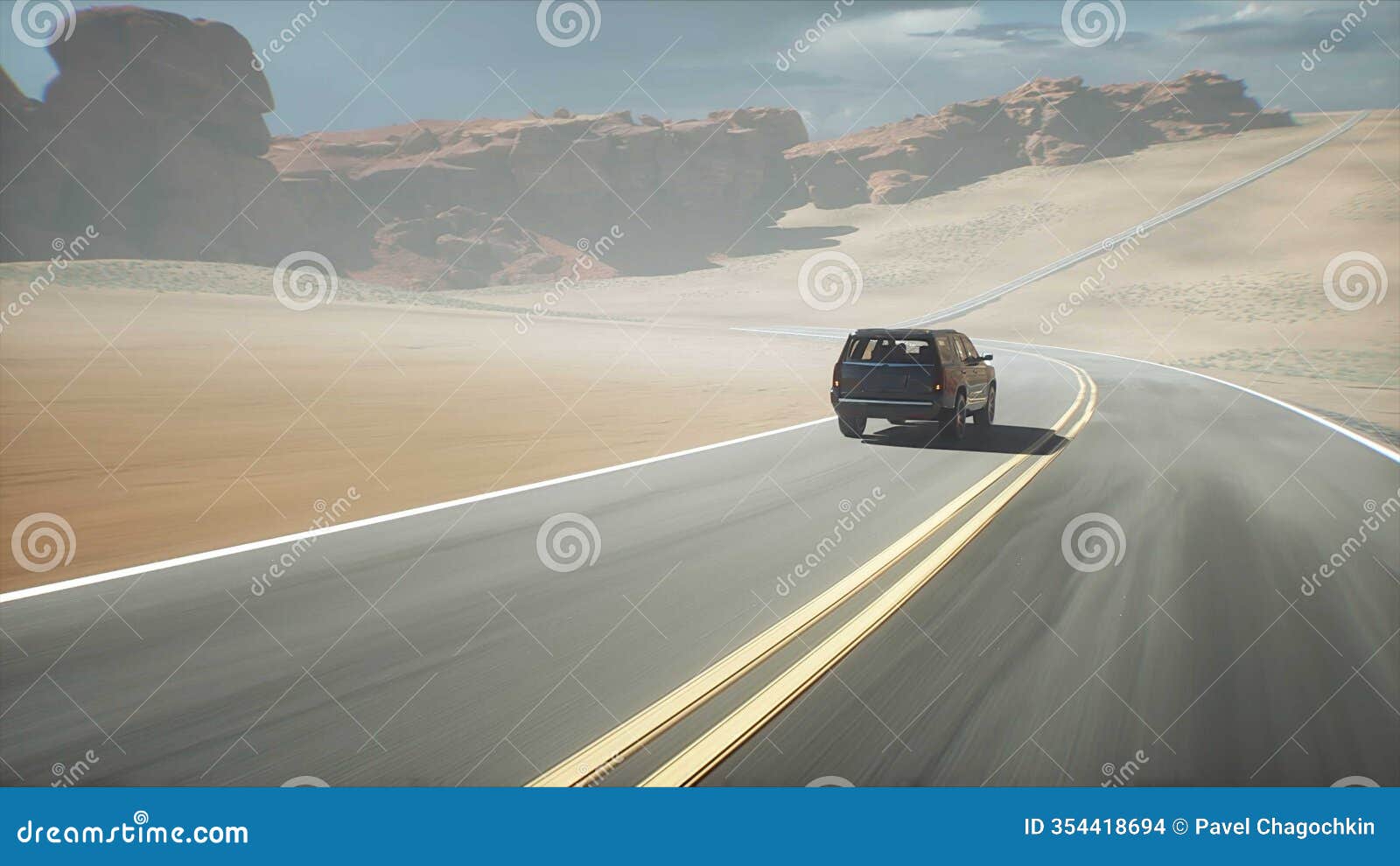 3d Model Luxury Black Car on Desert Highway. Very Fast Driving. 3d ...