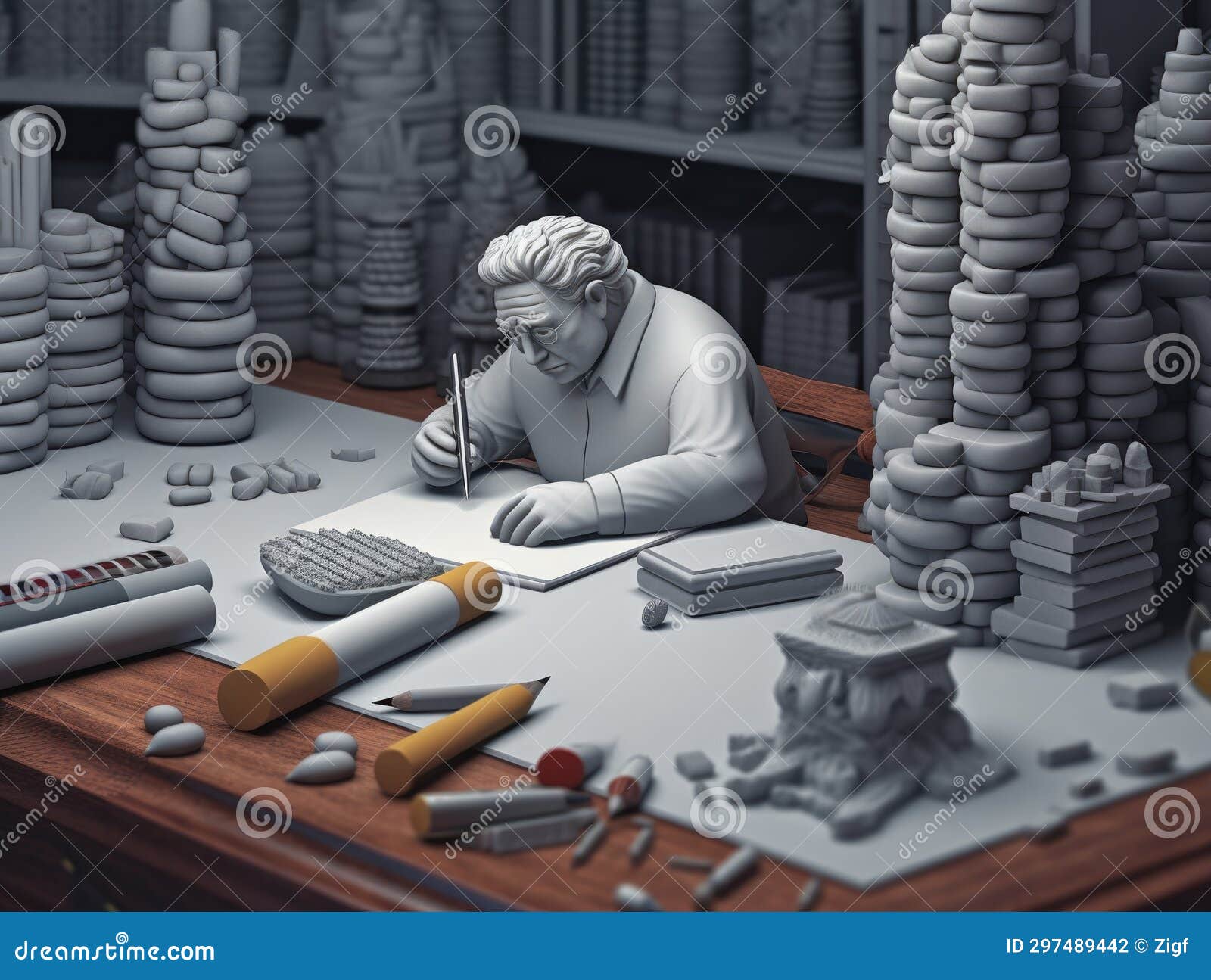 3d Model of Man Writing on Desk Stock Illustration - Illustration of ...