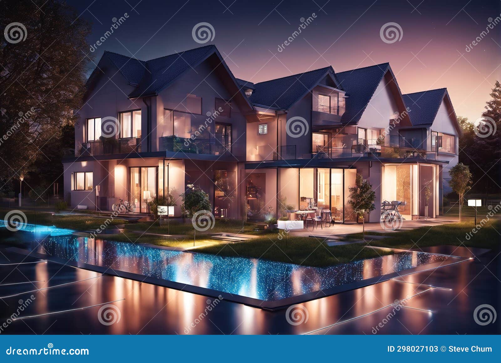 3D Model of Modern Luxury Villa Complex Building at Night Stock ...