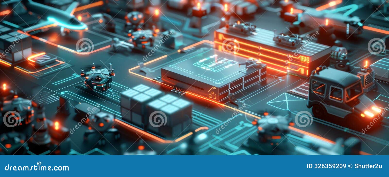 A 3D Model of a Neonlit Logistics Center with Automated Drones and ...