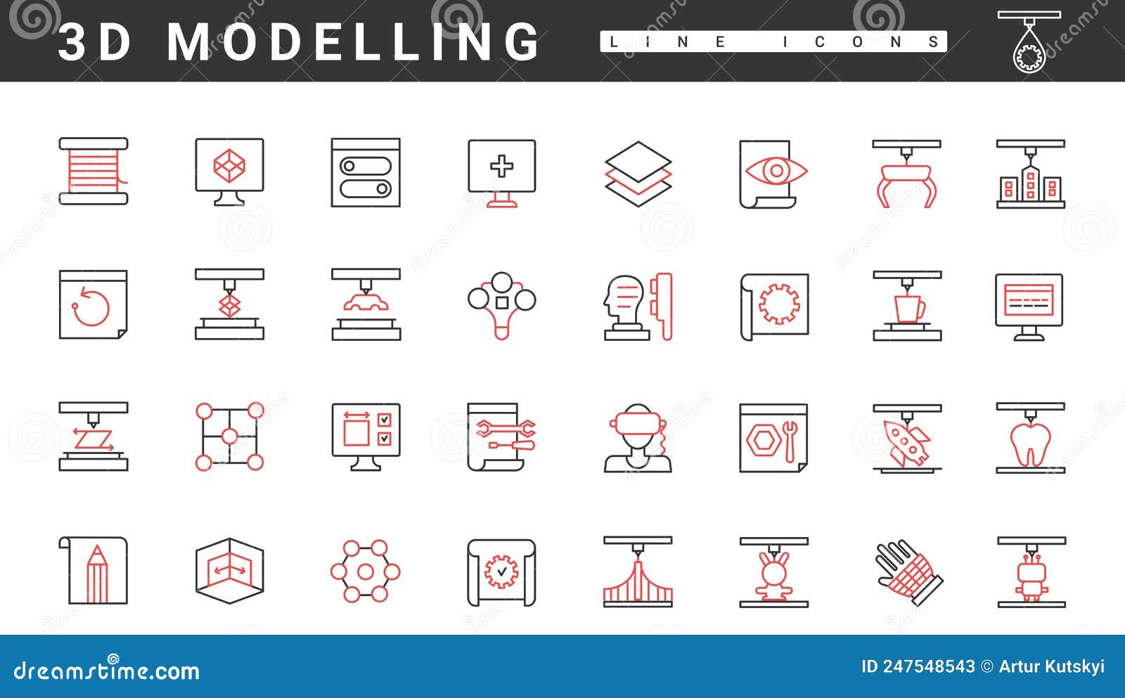 3d Model Printing and Construction, Thin Red Black Line Icons Set with ...