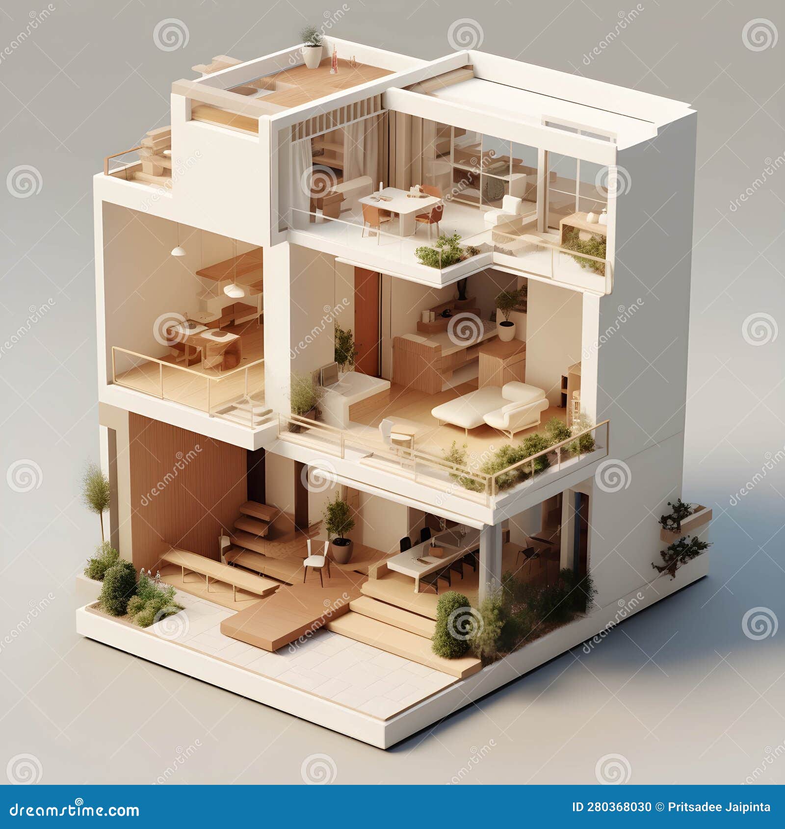 3d Model of Private House with Different Rooms and Materials. Concept ...