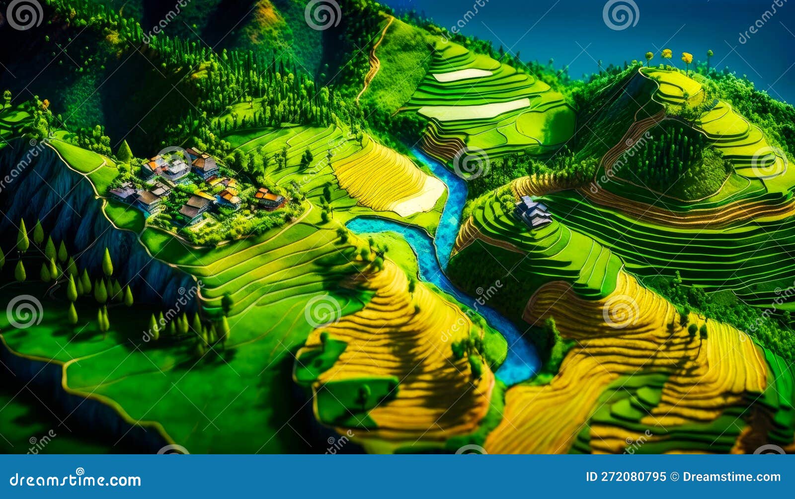 3d Model of Rice Field with Mountains in the Background. Generative AI ...