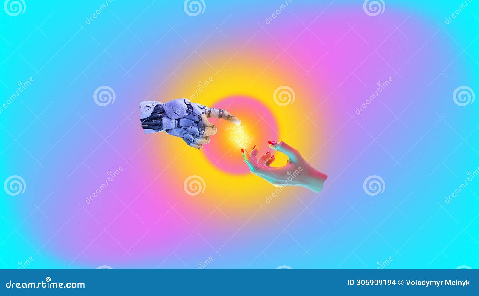 3D Model of Robotic Hand and Human Fingers Touching with Spark Over ...