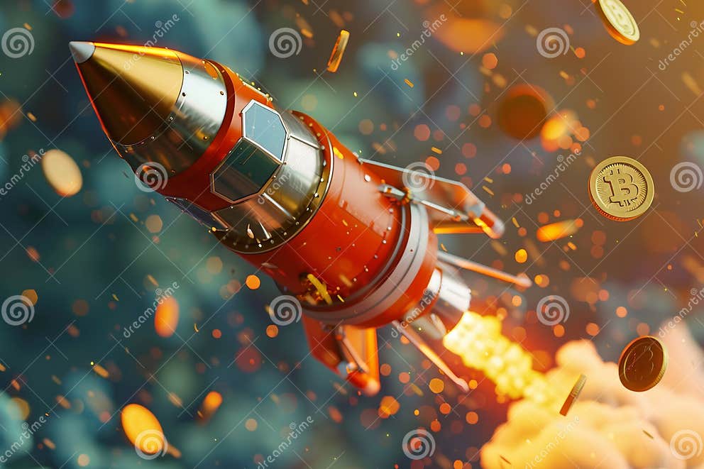 3D Model of a Rocket Ship Its Thrusters Powered by Gold Coins Stock ...