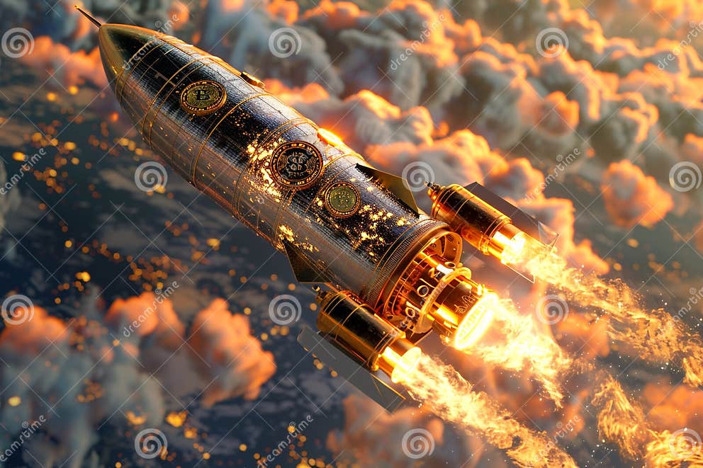 3D Model of a Rocket Ship Its Thrusters Powered by Gold Coins Stock ...