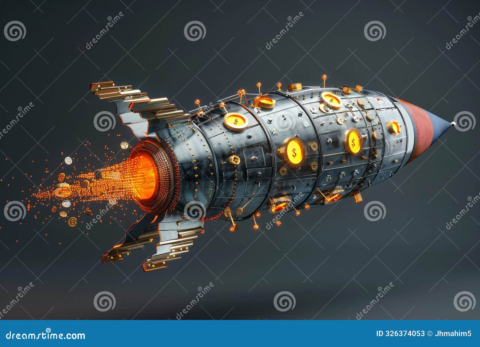 3D Model of a Rocket Ship Its Thrusters Powered by Gold Coins Stock ...
