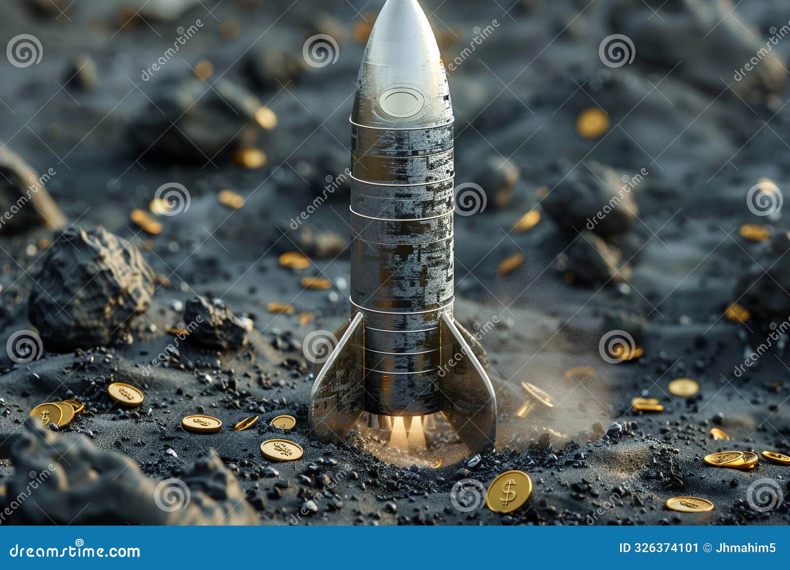 3D Model of a Rocket Ship Its Thrusters Powered by Gold Coins Stock ...