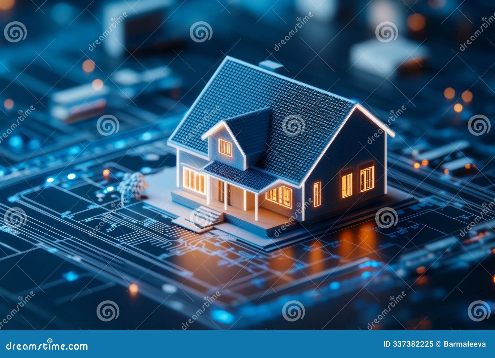 3D Model of a Smart Home with Illuminated Blue Accents. Futuristic ...