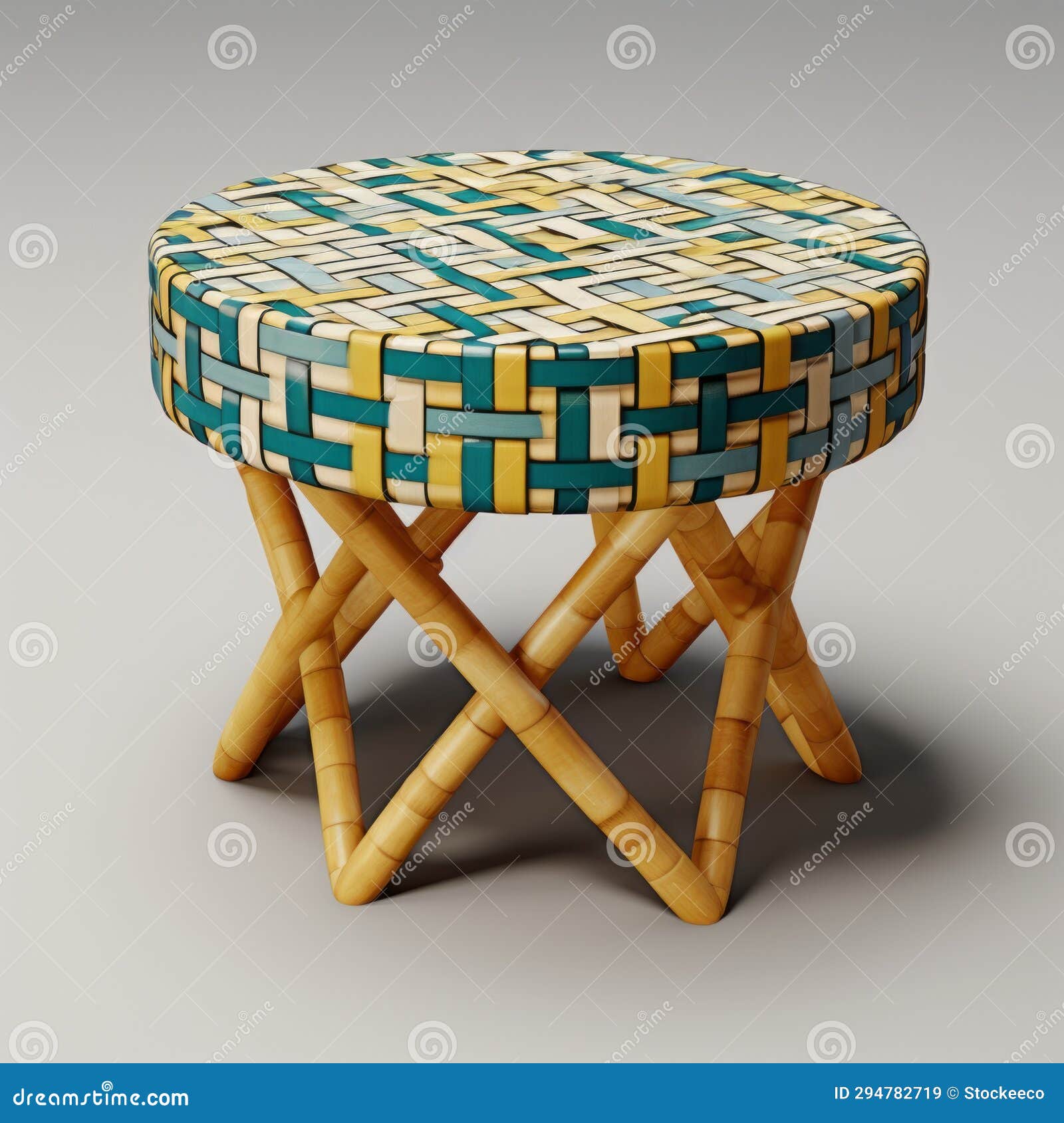 Photorealistic Wooden Stool with Weaving Pattern in Dark Turquoise and ...