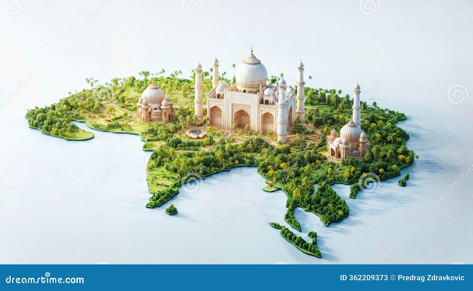 A 3D Model Of The Taj Mahal On A Map Of India, Surrounded By Lush ...