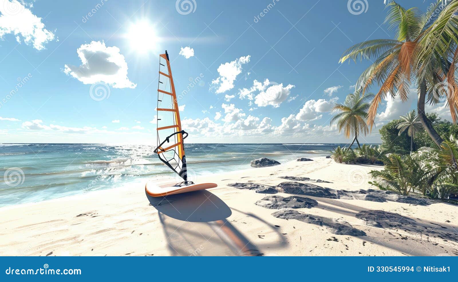 3D Model of a Windsurfing Board on a Sunny Beach Stock Illustration ...