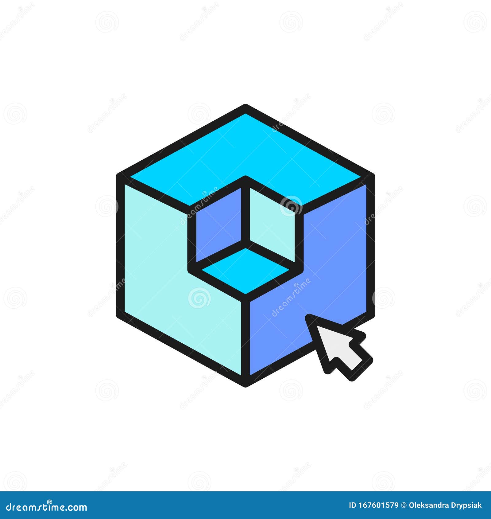 3D Modeling, 3 Dimensional Model, Cube Geometric Shape Flat Color Line ...