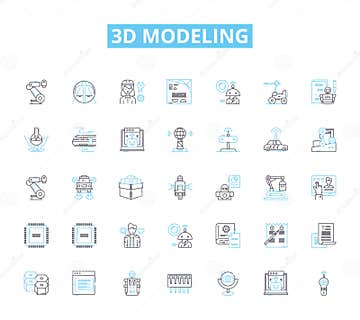 3d Modeling Linear Icons Set. Rendering, Animation, CAD, Sculpting, Texturing, Shading, Lighting ...