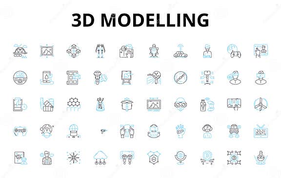 3d Modelling Linear Icons Set. Rendering, Sculpting, Texturing, Animation, Modeling, Rigging ...