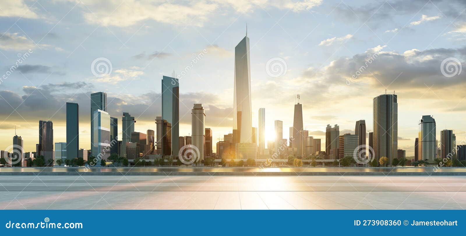 3D Modern City with a Beautiful View and Empty Floor in Front Stock ...