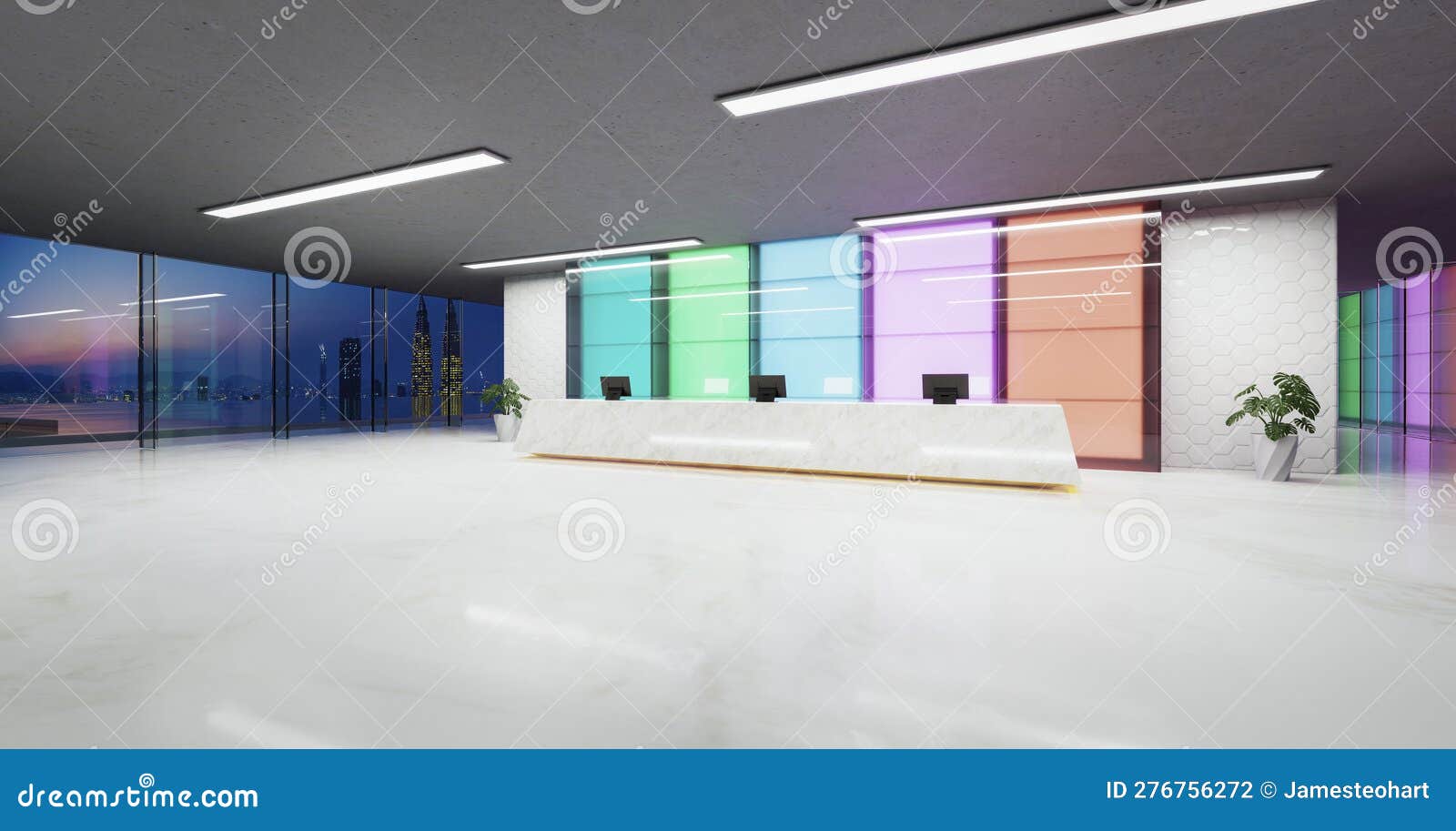 3d Modern Colored Gradient Glass Walls Reception Lobby. Realistic 3d ...