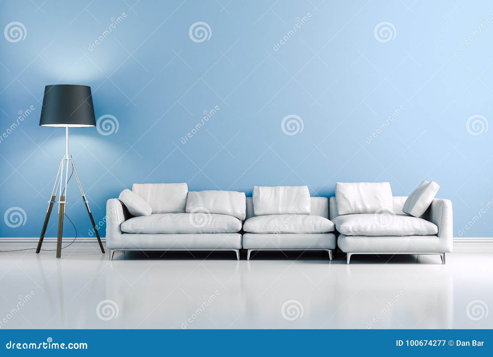 3d Modern Interior Design with Blue Wall Stock Illustration ...