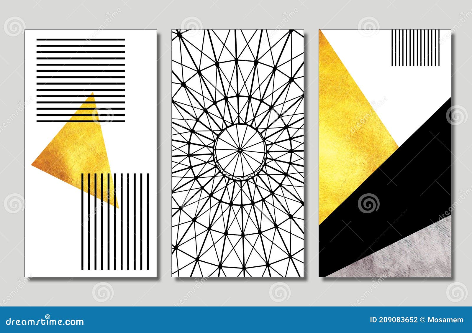 3d Modern Wall Frames . Black Lines and Circles with Golden Triangle ...