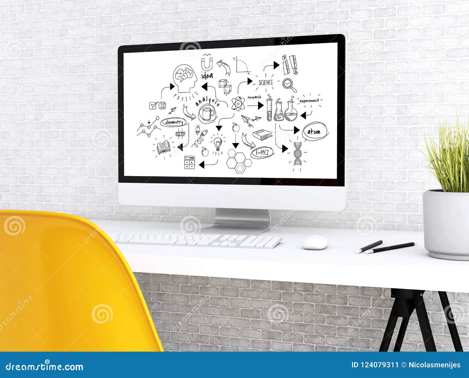 3d Modern Workspace and Computer with Chemestry and Science Sketch ...