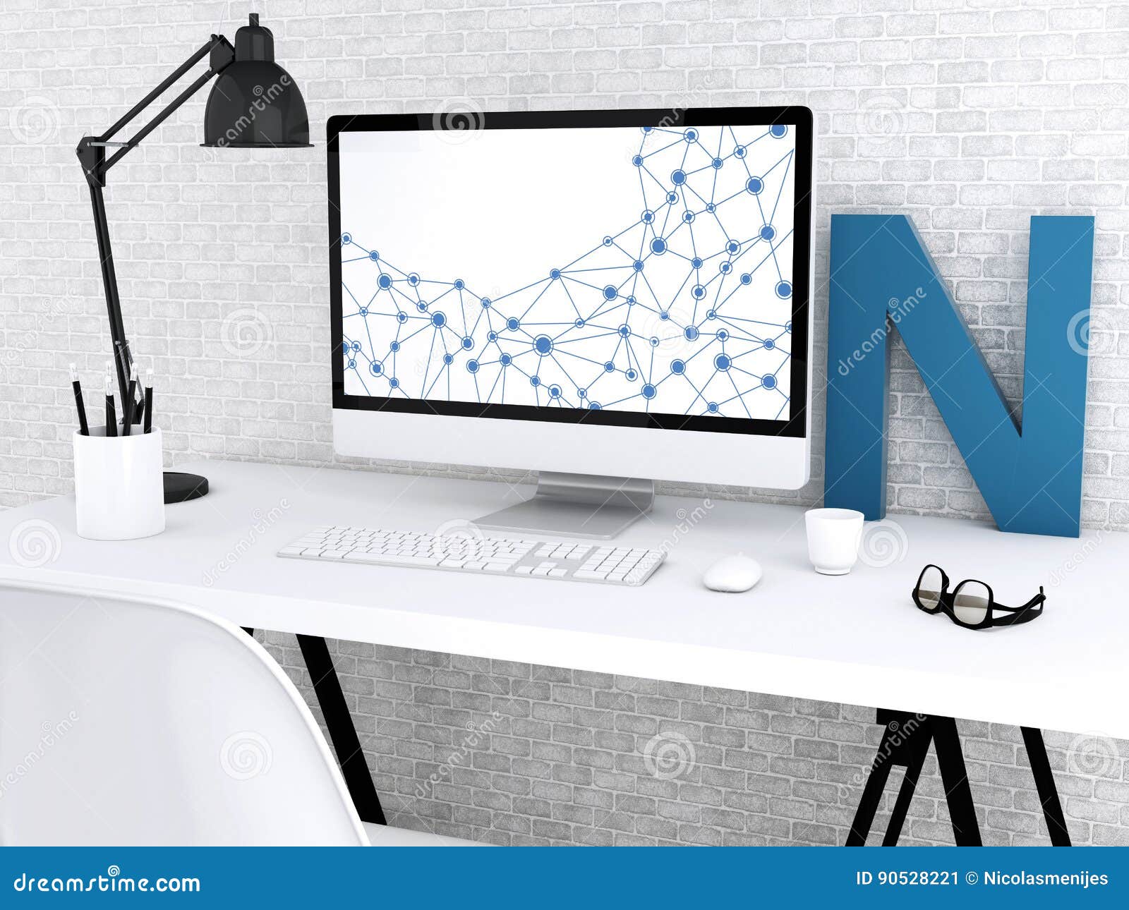 3d Modern Workspace with Computer. Stock Illustration - Illustration of ...