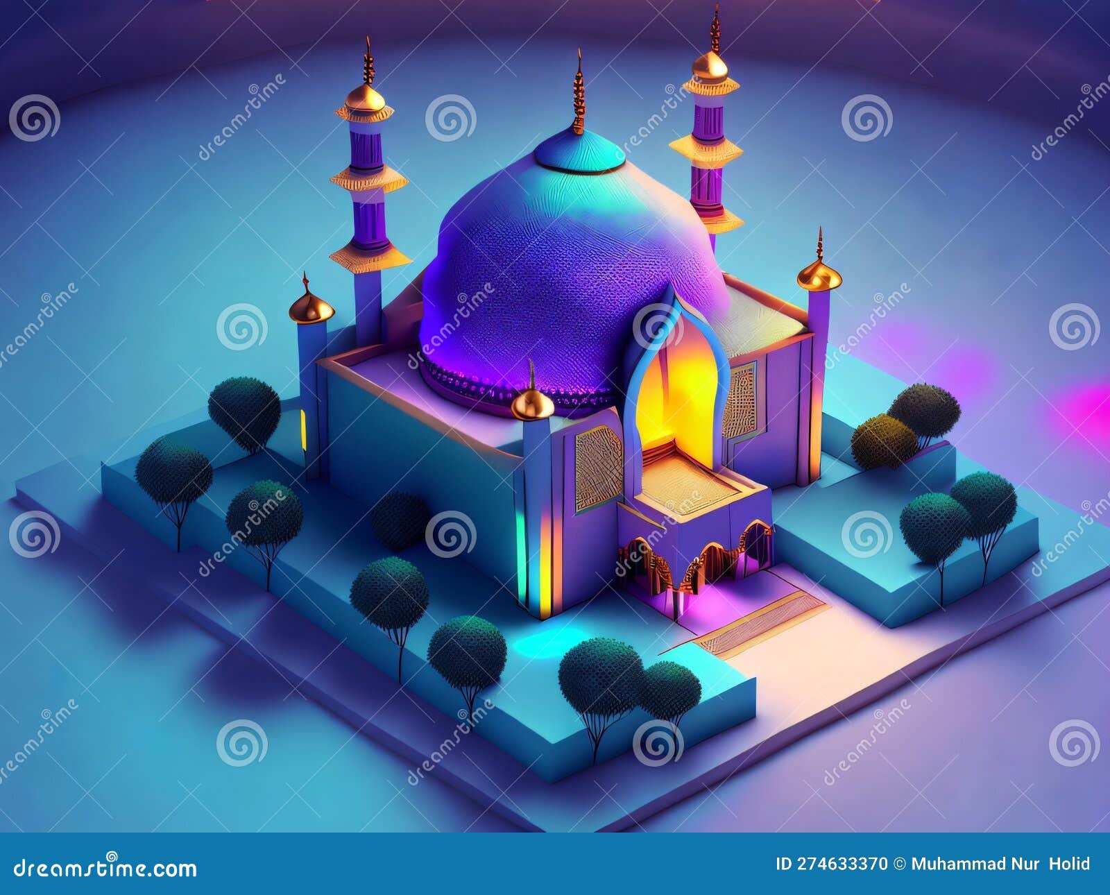 3D Mosque Render with Neon Color Effect Stock Illustration ...