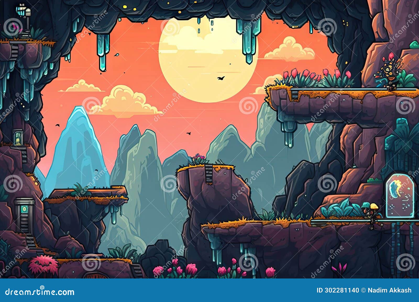 2D Mountain Platformer Level, Roguelike, Puzzle Game, Cartooncore Stock ...