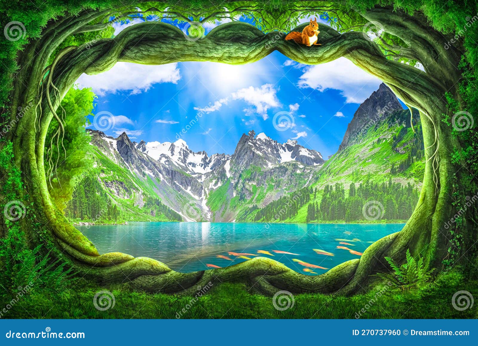 3d Mountains View in the Forest with Green Tree Frames Stock ...
