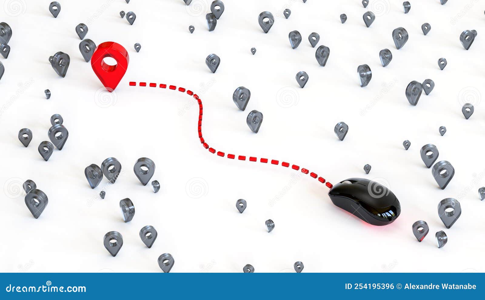 3D Mouse with Red Dashed Line Path To Red Pin Mark, GPS or Location ...