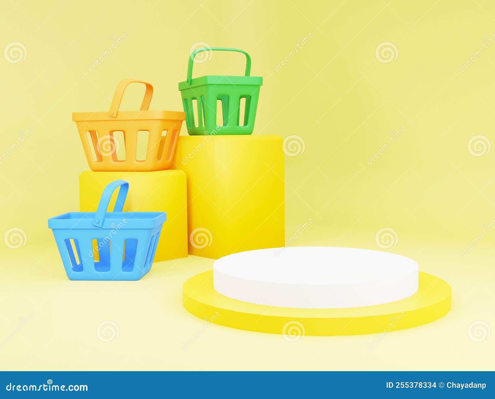 3D Multi-colors Empty Shopping Baskets with Podium. Stock Illustration ...