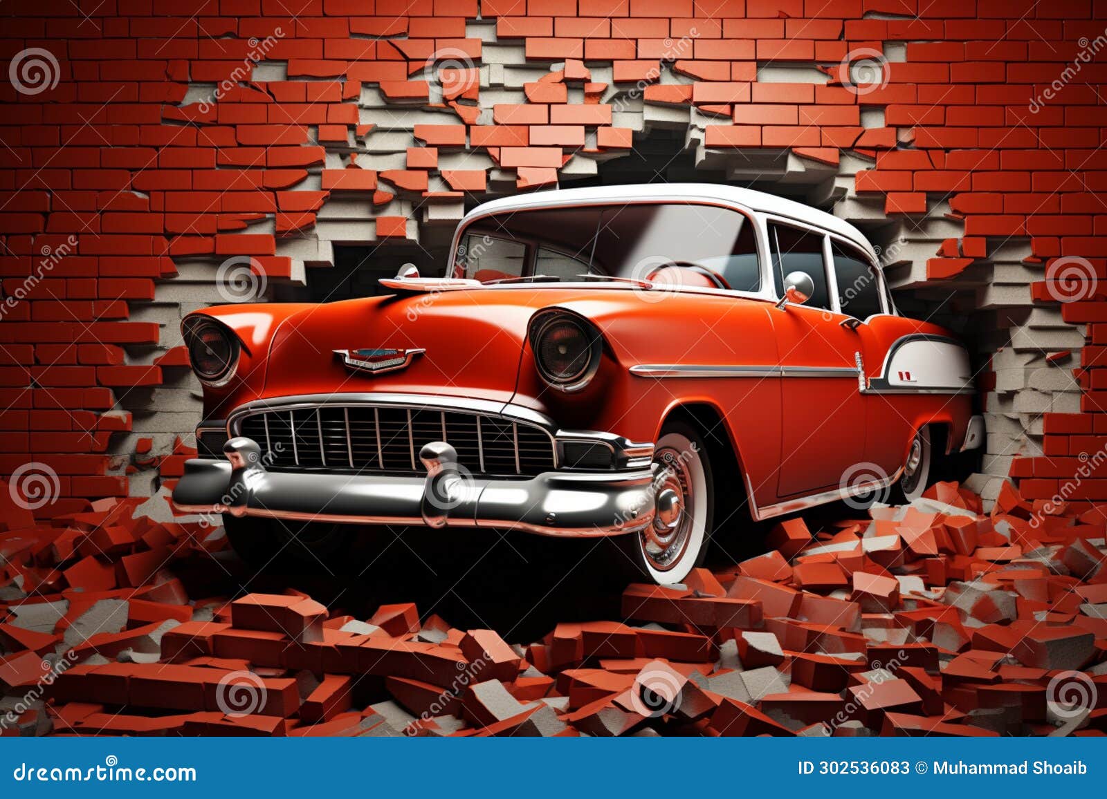 3D Mural Broken Wall, Bricks, Classic Red Car, World Map Stock ...