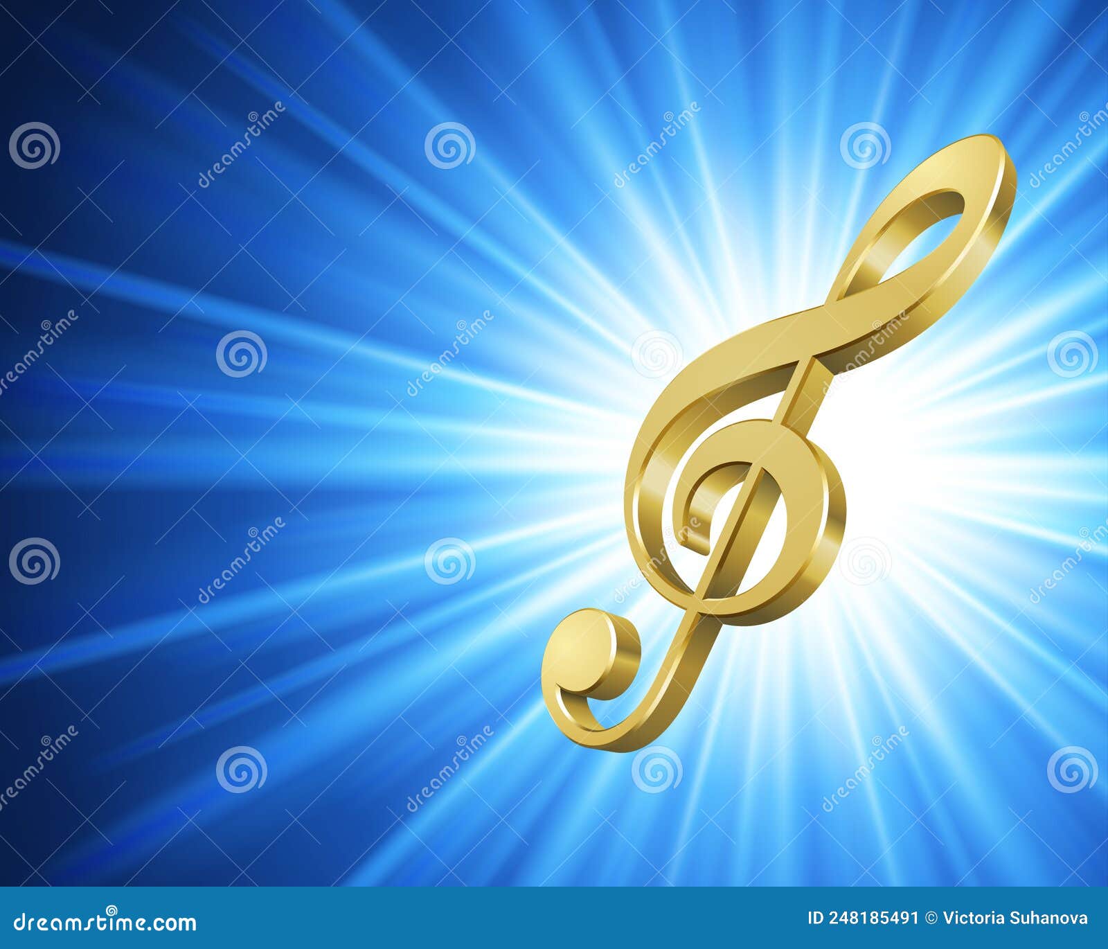3d Musical Note Bright Blue Flash Vector. Golden Treble Clef In Rays Is ...
