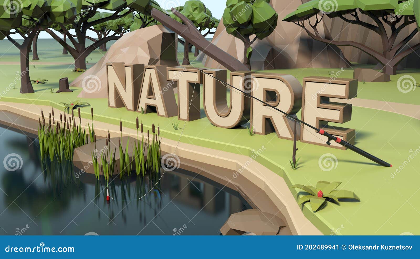3D Nature Low Poly Land Scene with Popup Trees and Rocks. Stock ...