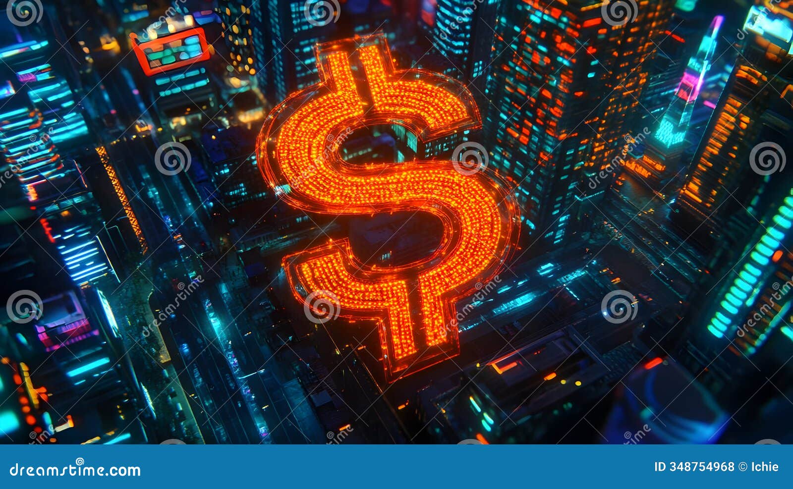 3D Neon Dollar Sign Cityscape Illustration Stock Illustration ...