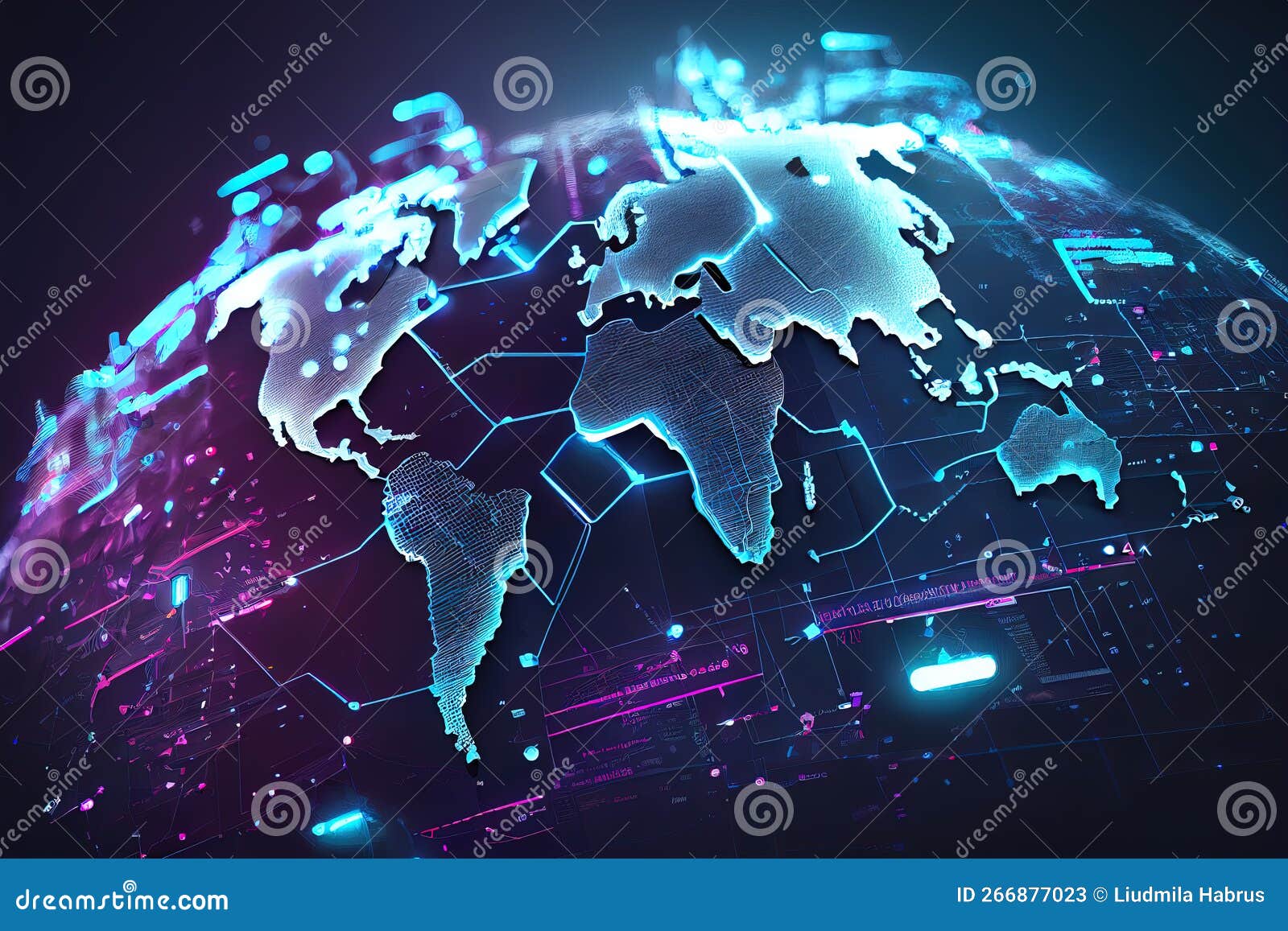 3d Neon Map of the World. Generative AI Stock Illustration ...