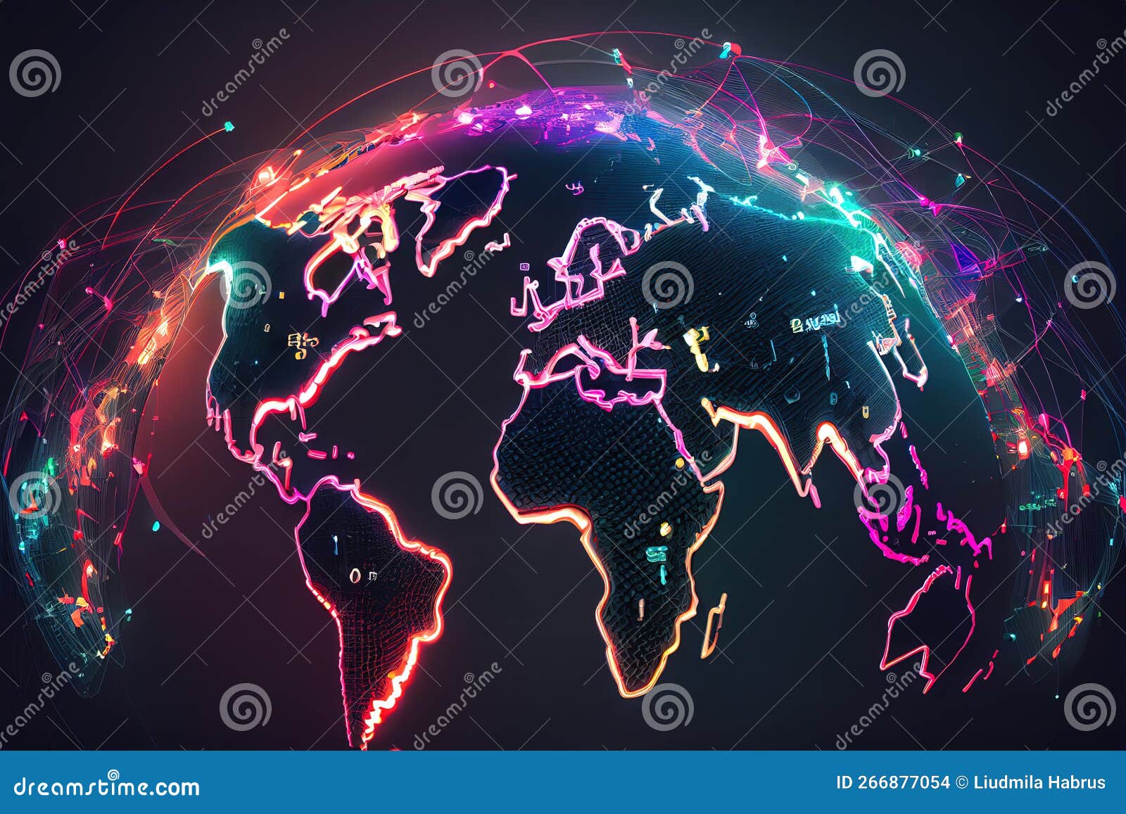 3d Neon Map of the World. Generative AI Stock Illustration ...