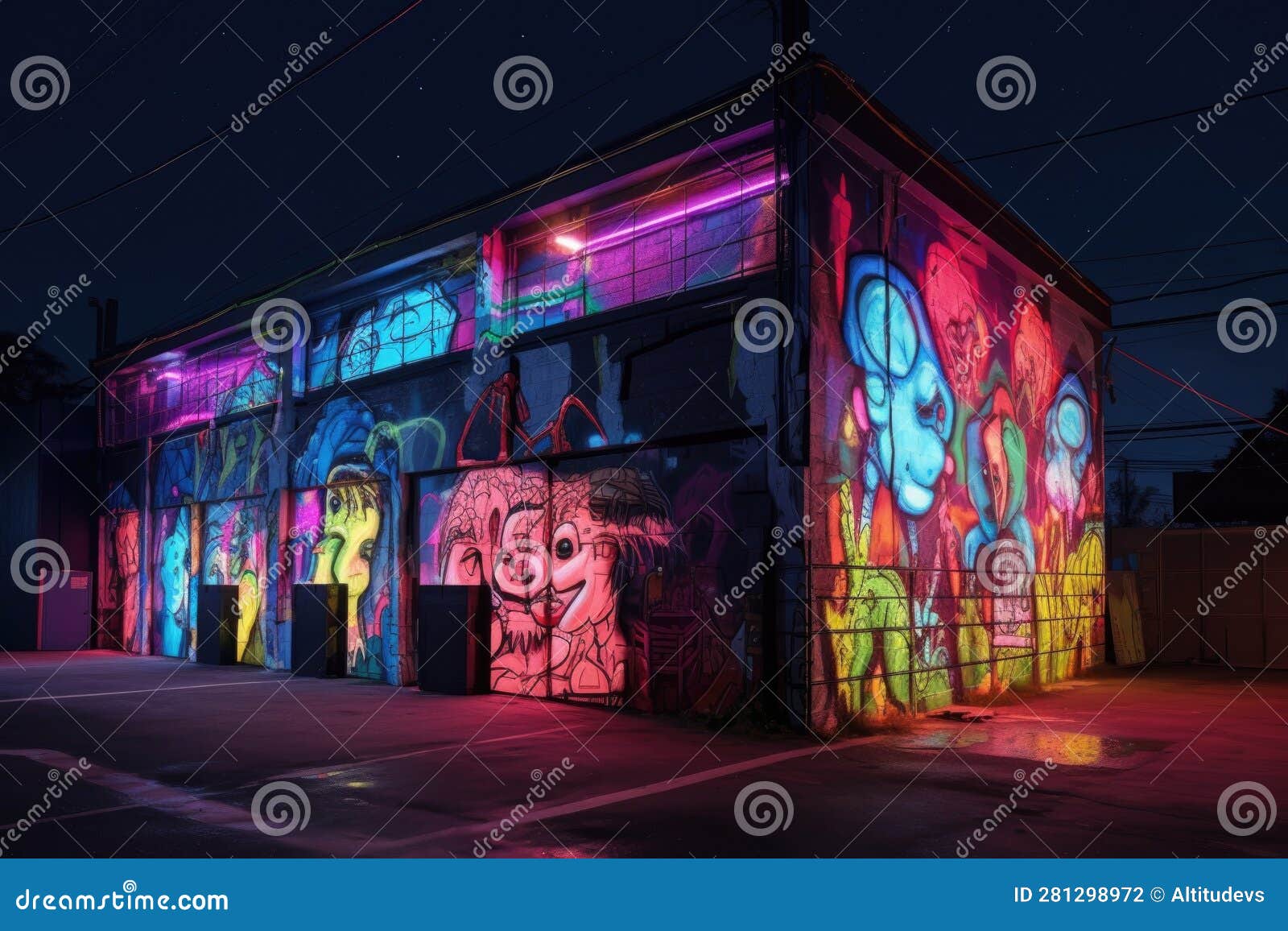 3d Neon Mural on Industrial Warehouse Wall Stock Illustration ...