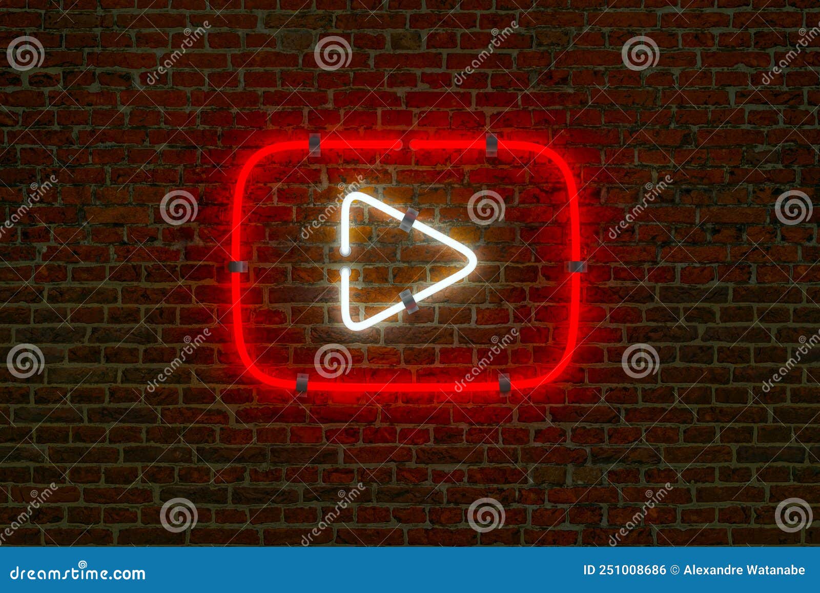 3D Neon Play Button Lamp on Dark Brick Wall Background Stock Photo ...