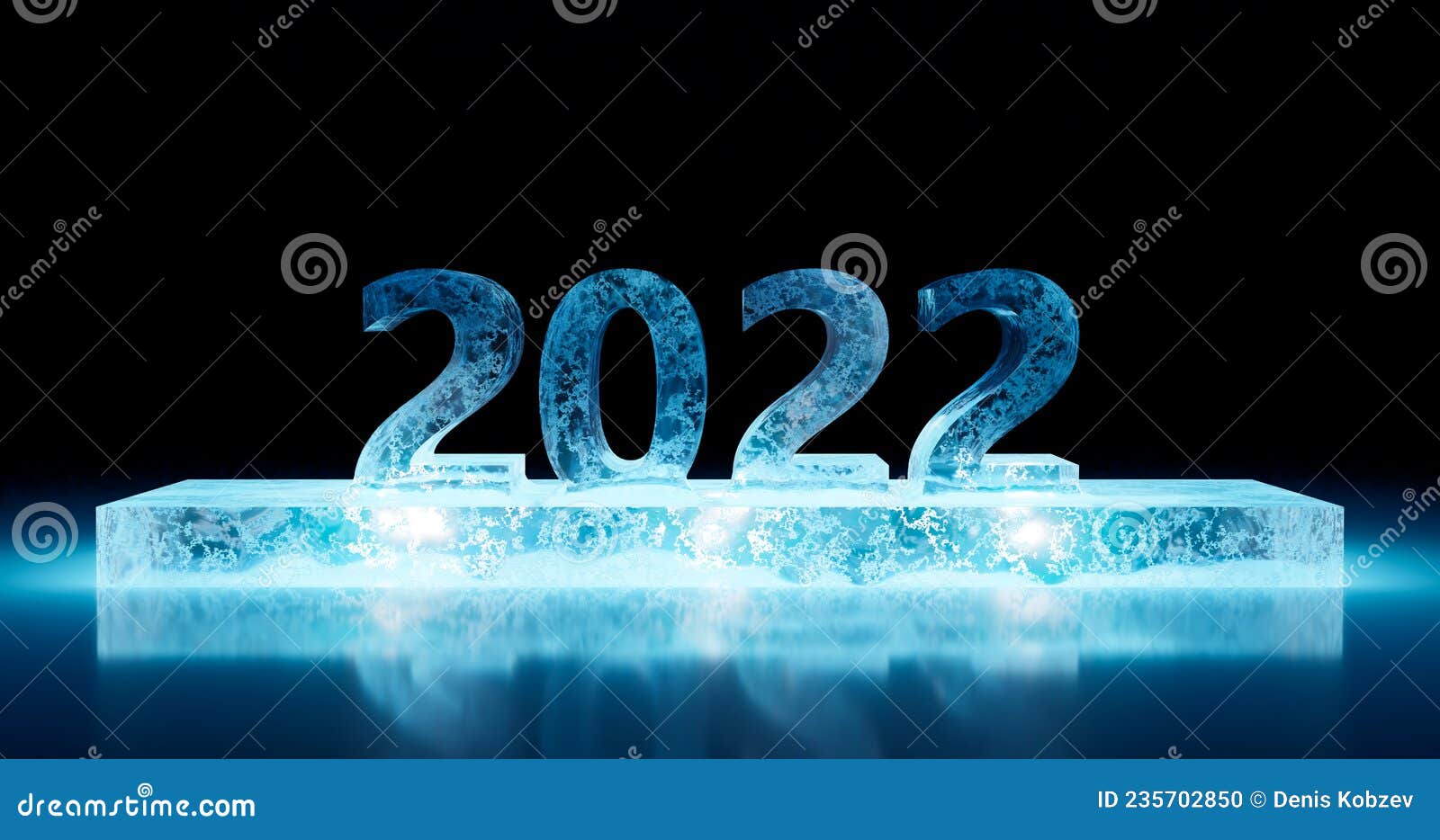 3d Rendering. New Year 2022 Ice Sculpture on a Rectangular Podium with ...