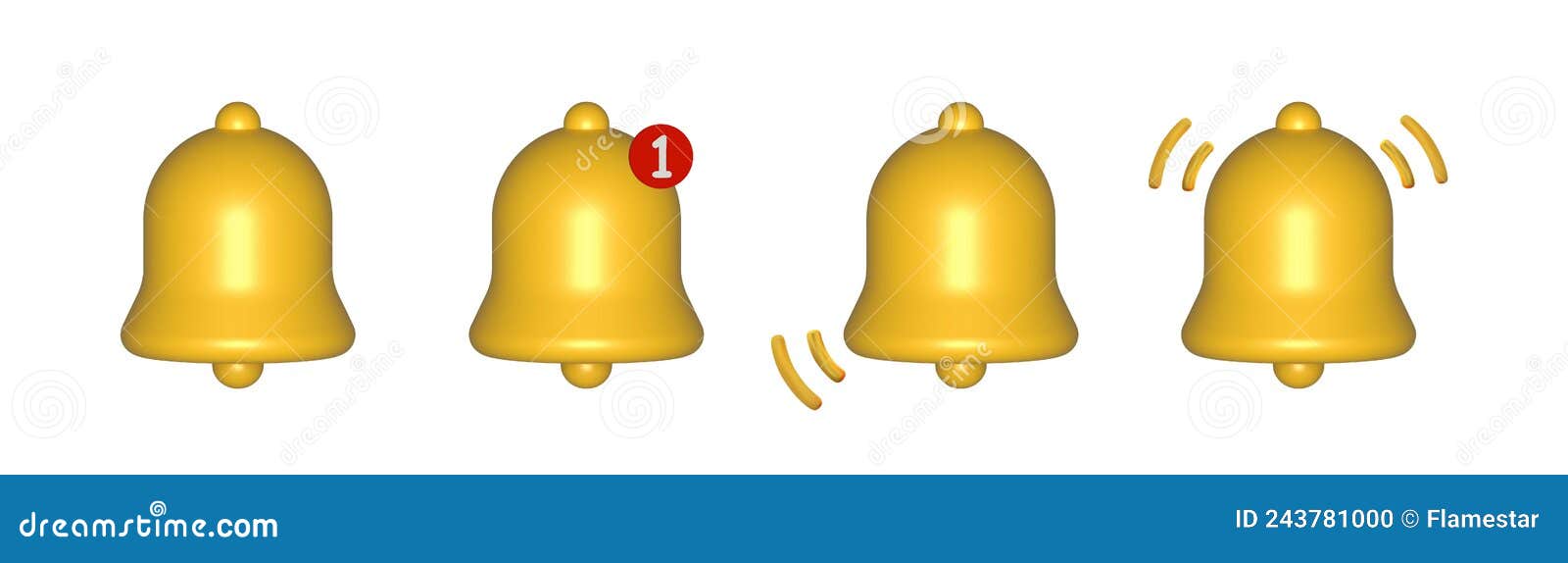 3d Notification Bells Front View Set Isolated on White Background. 3d ...