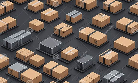 3D Numerous Cardboard Boxes Arranged in Grid-like Pattern, with Some ...