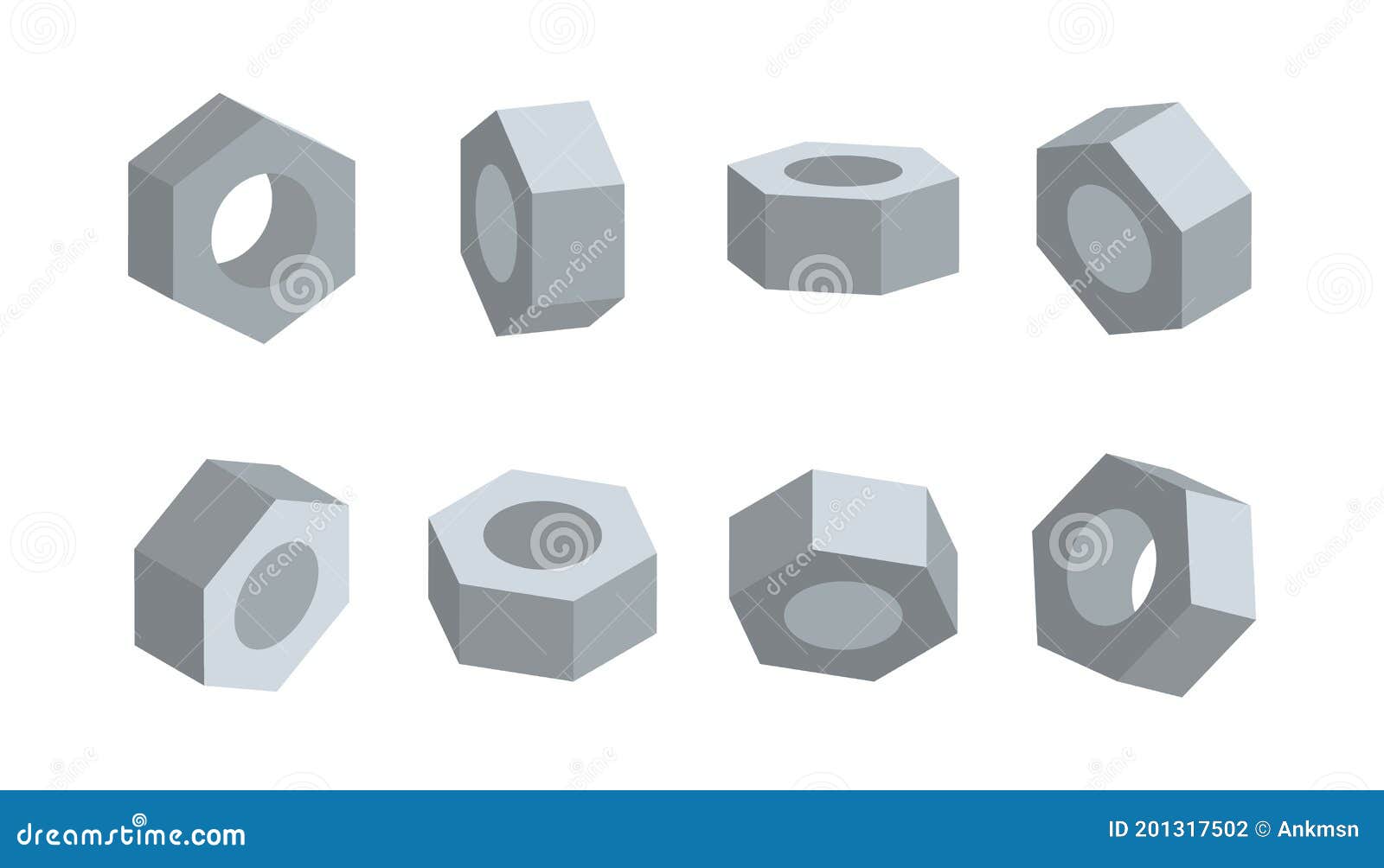 3D Nut in Various Angles Vector. Nuts Top View, Side View, Half Turn ...