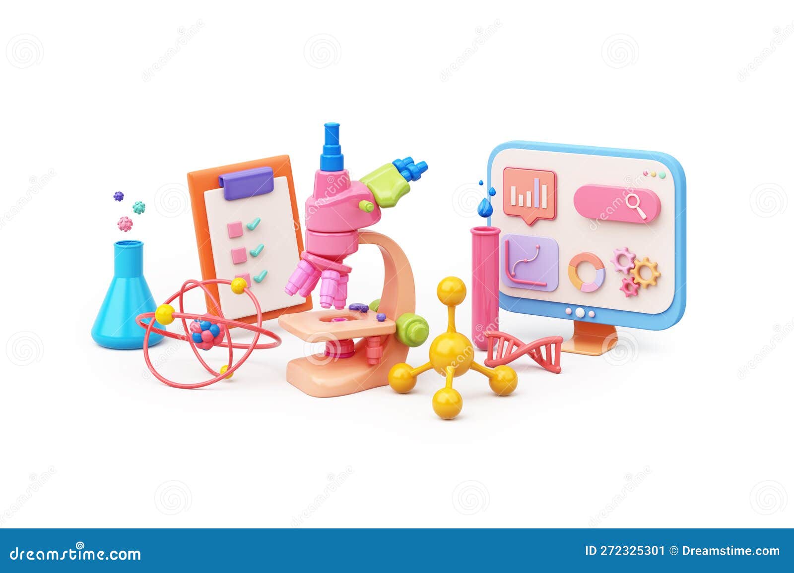 3D Object is Microscope, Beaker, DNA Helix, Molecule, Atom, Test Tube ...