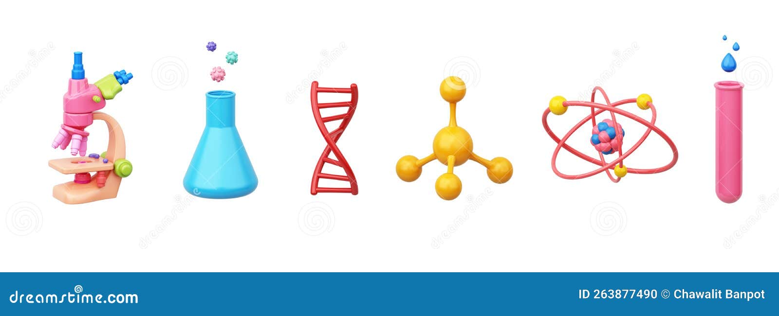 3D Object Model Set is Microscope, Beaker, DNA Helix, Molecule, Atom ...